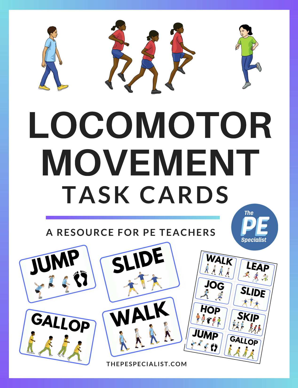 Locomotor Movements Posters Visuals and Task Cards for teaching kids in ...